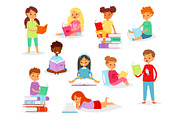 Kids reading books vector child character boy or girl read textbook ...