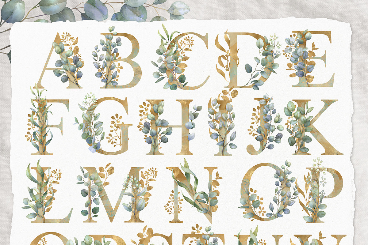 Gold Eucalyptus monogram letters, an Illustration by WonderWonder