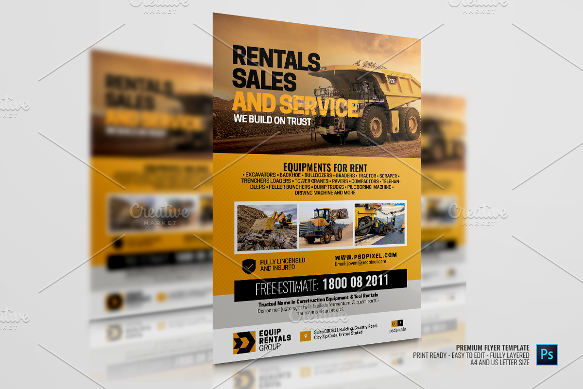 Construction Equipment Sales Rental, a Flyer Template by PSDPixel