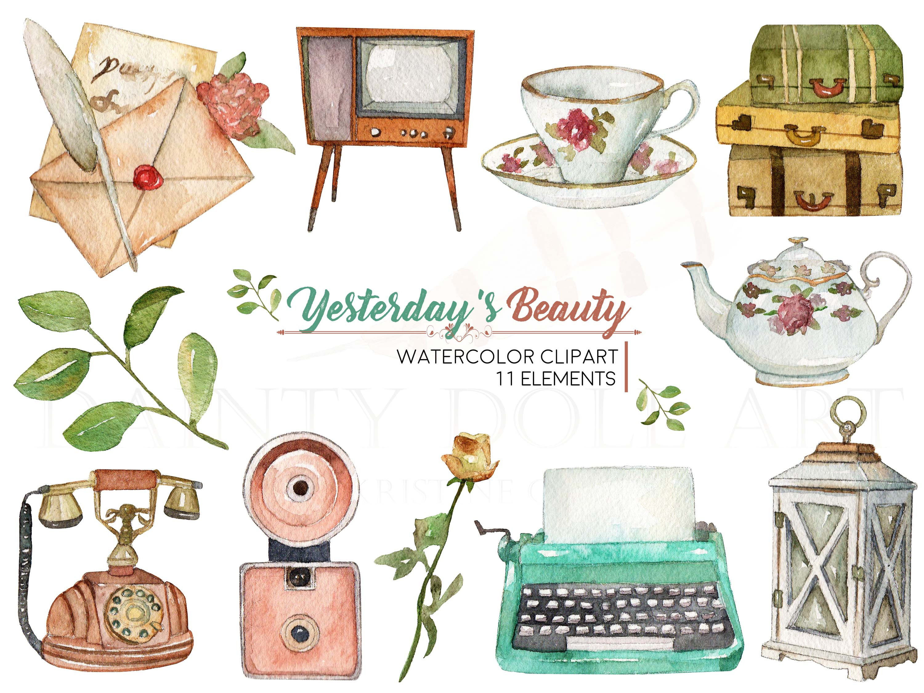 Vintage Watercolor Clipart, an Illustration by Dainty Doll Art