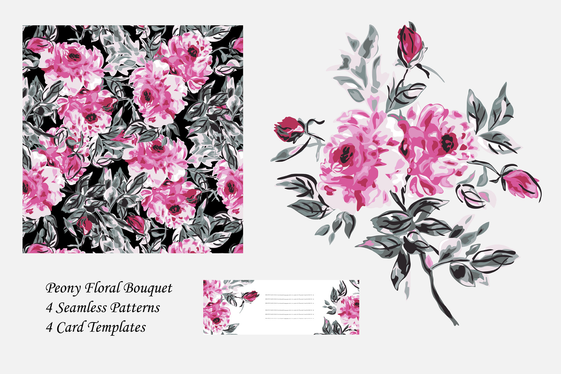 Peony Bouquet, Cards and Patterns, an Illustration by Sunset&Sea Design