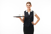 Young smiling waitress in uniform ho featuring tea, white cup, and ...