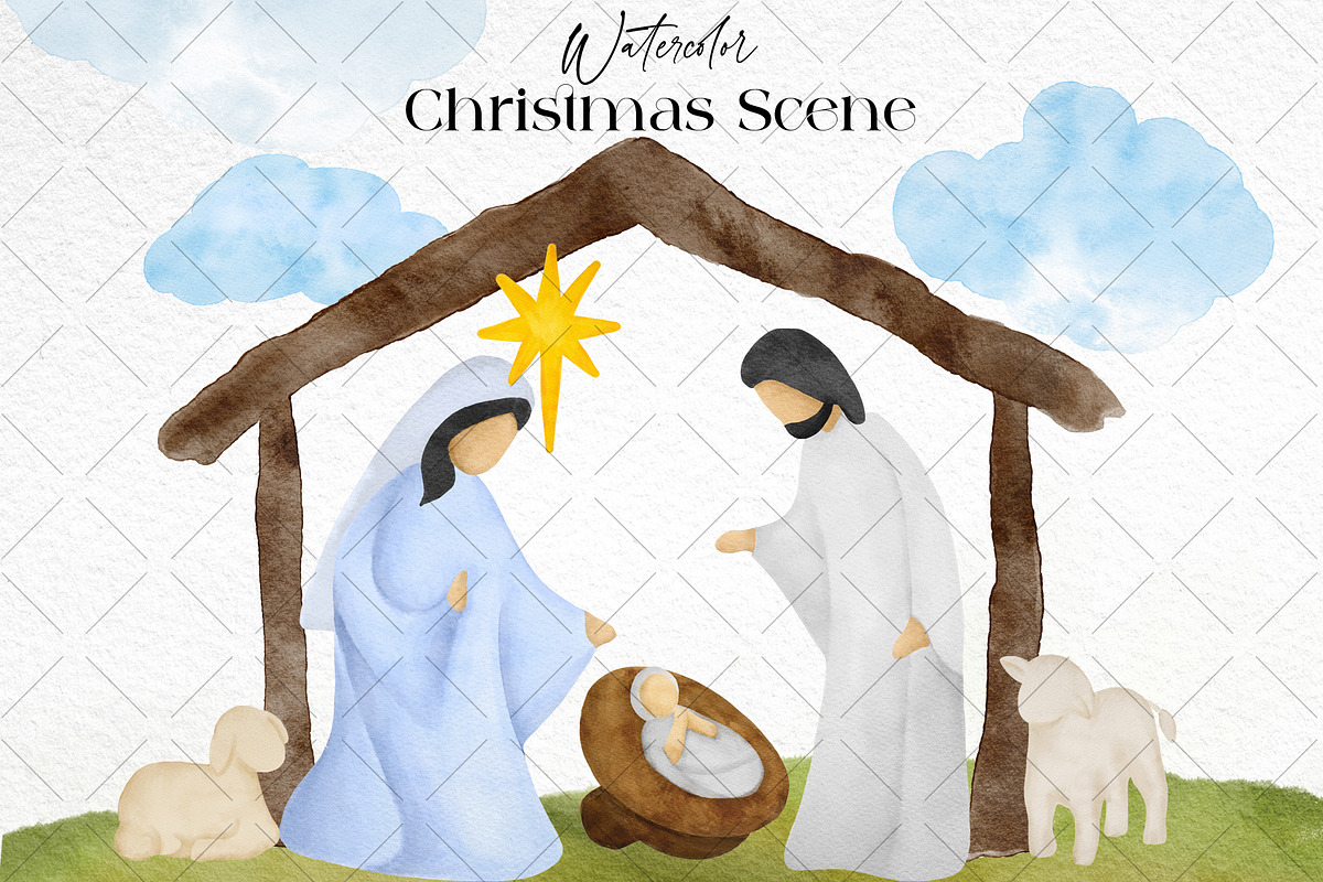 Watercolor Christmas Nativity Scene