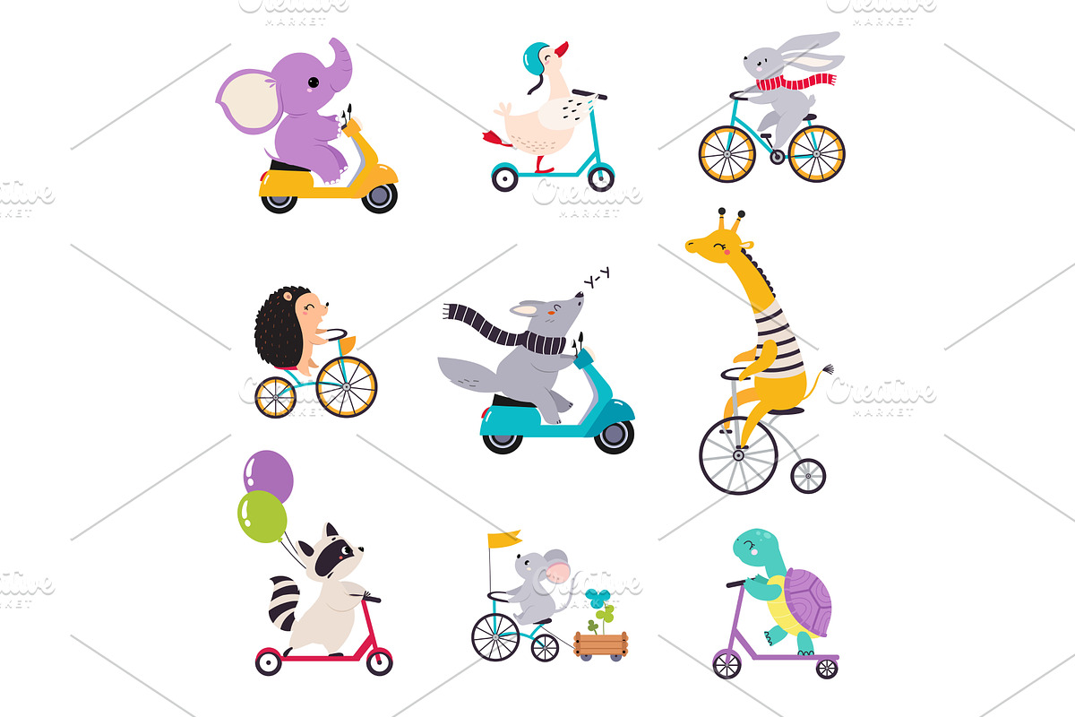 Cute Animal Character Riding Bike, an Animal Illustration by TopVectors ...