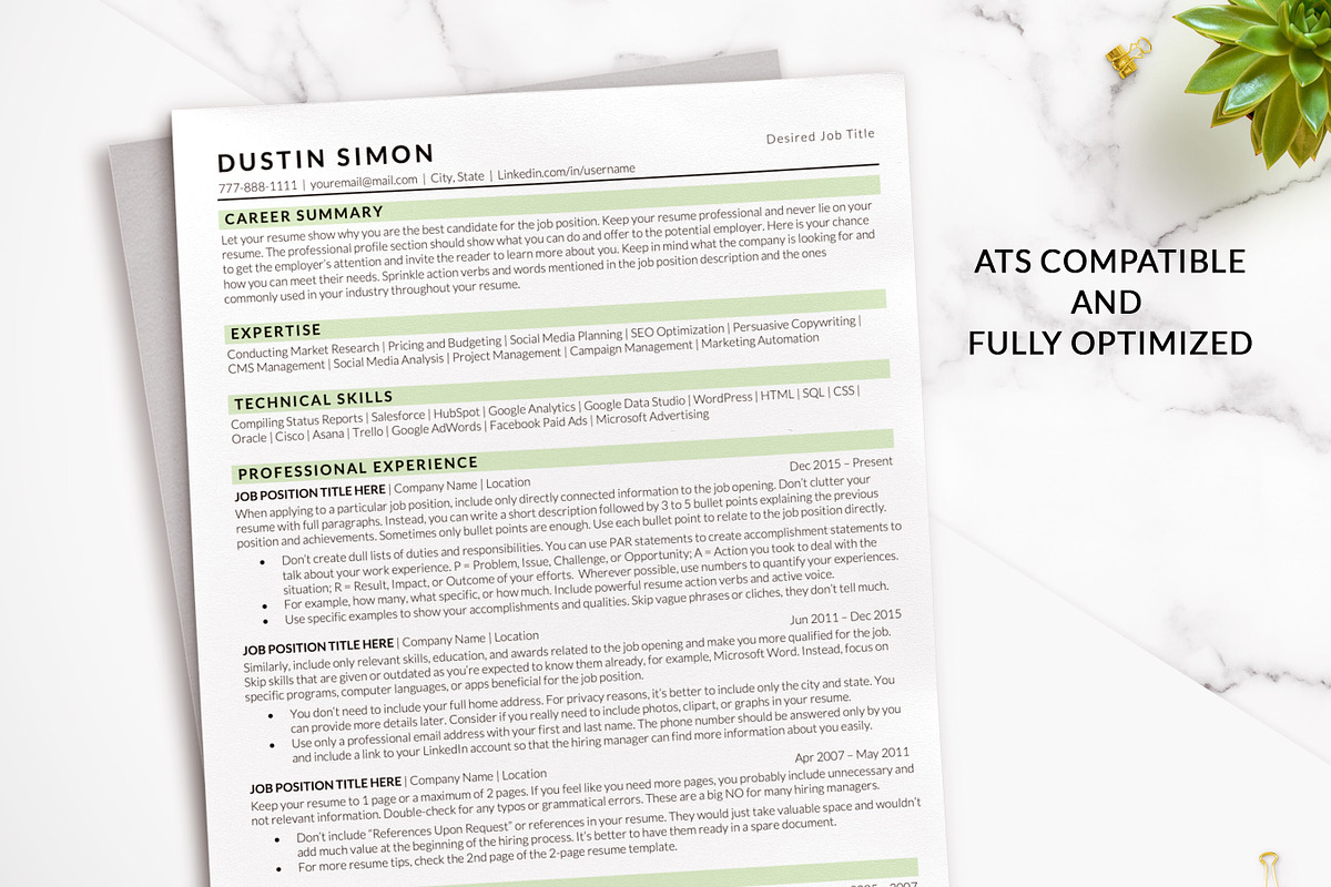 Green ATS Friendly Resume Template | Creative Market