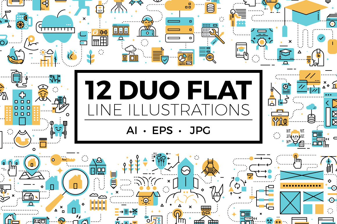 12 Duo Flat Line Illustrations, an Education Illustration by Becris