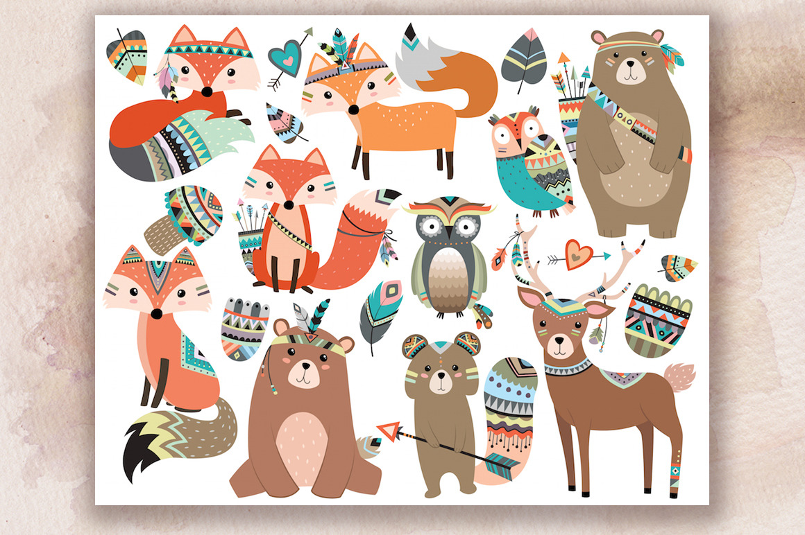 Woodland Tribal Animals V.2 Clipart, an Animal Illustration by Kenna ...