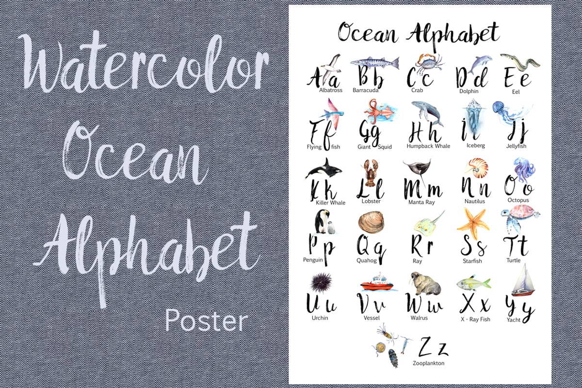 Watercolor Ocean Alphabet Poster, an Animal Illustration by Tati Bordiu