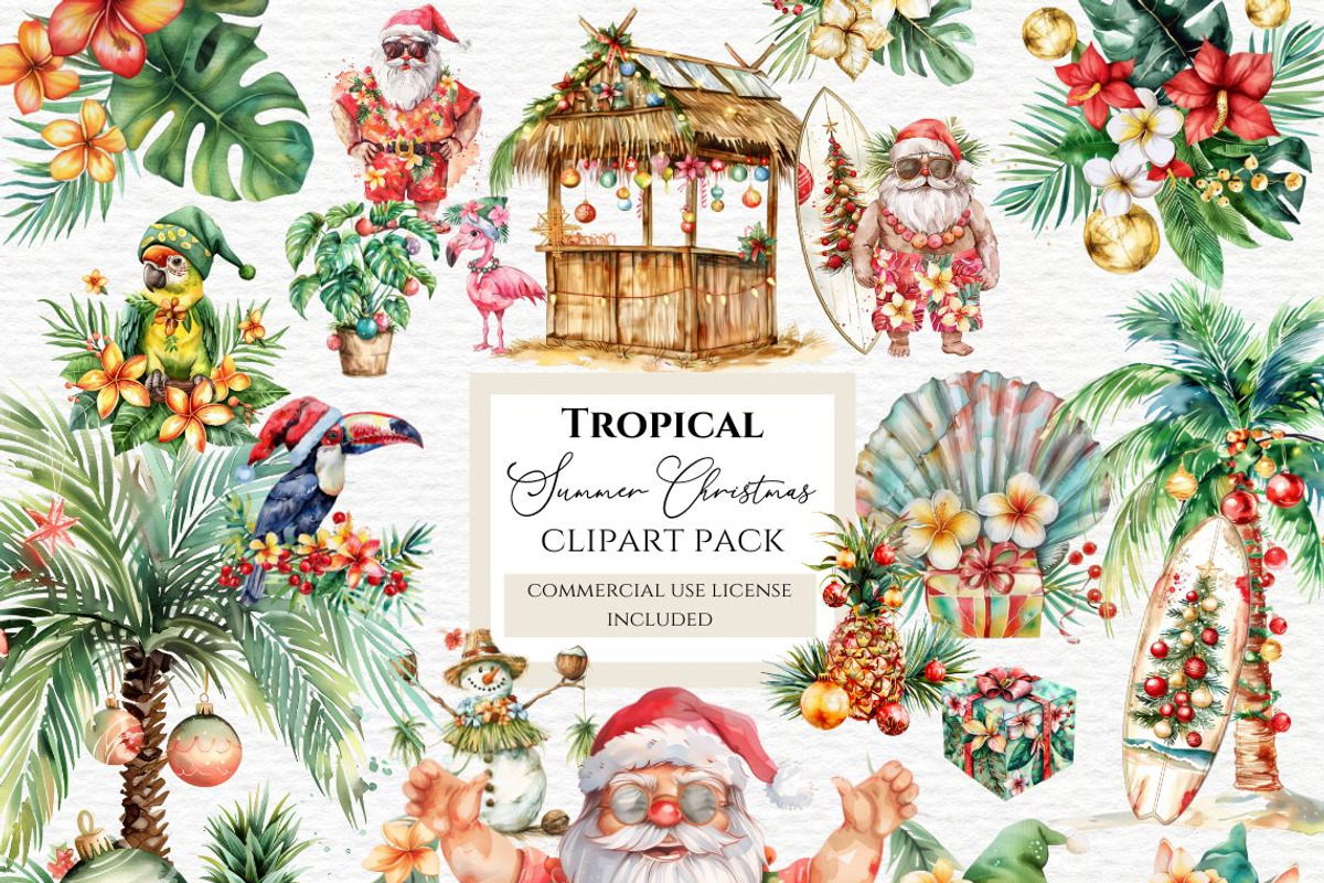 Tropical christmas watercolor clipar, a Seasonal Illustration by Invite ...