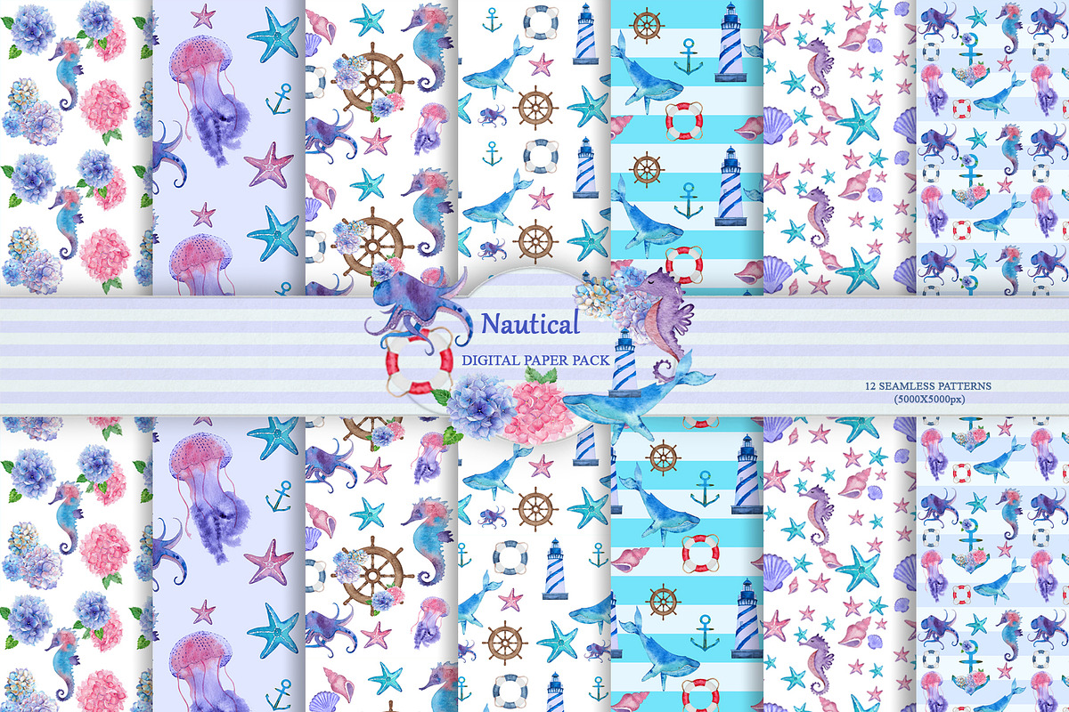 Nautical digital paper pack, a Pattern Graphic by Pretty light
