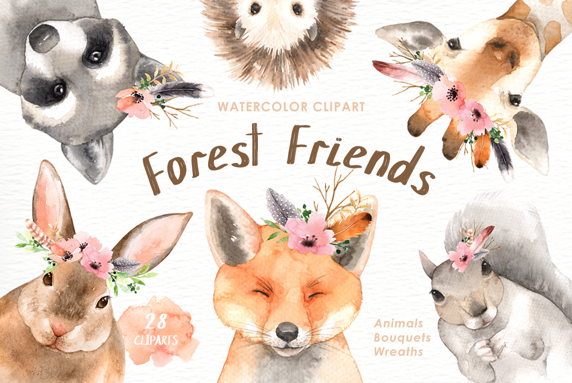 Forest Friends Watercolor Clip Art, an Animal Illustration by everysunsun