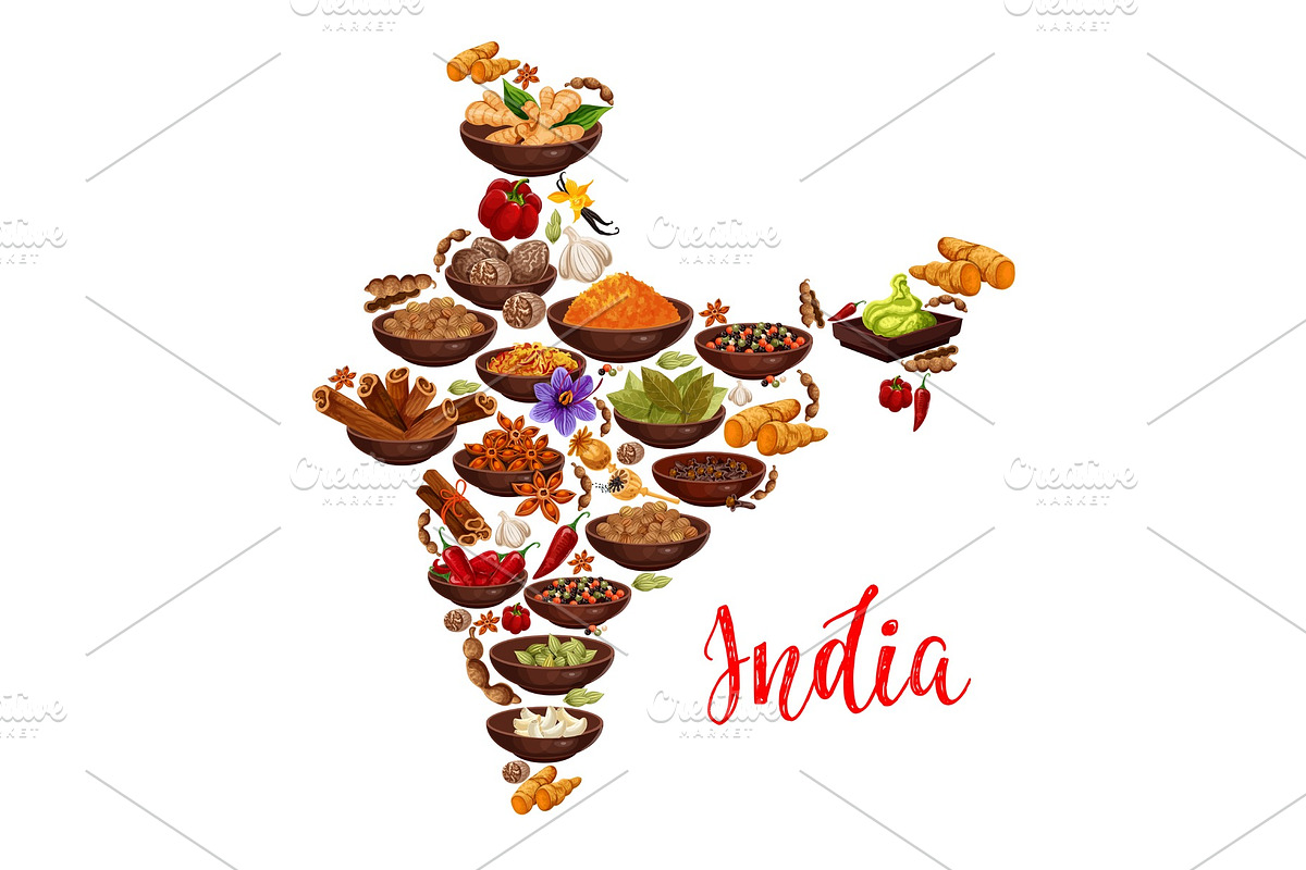 Vector India map of Indian spices, a Food Illustration by Vector Tradition