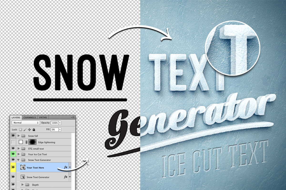 50% Off Snow Text Generator, a Layer Style Add-On by Fresh Design Elements
