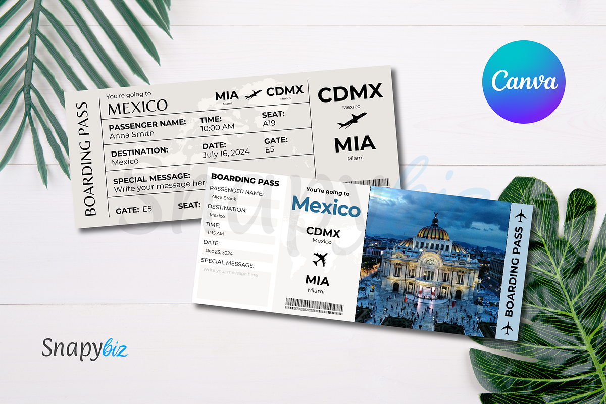 Mexico Canva Boarding Pass Trip Ticket