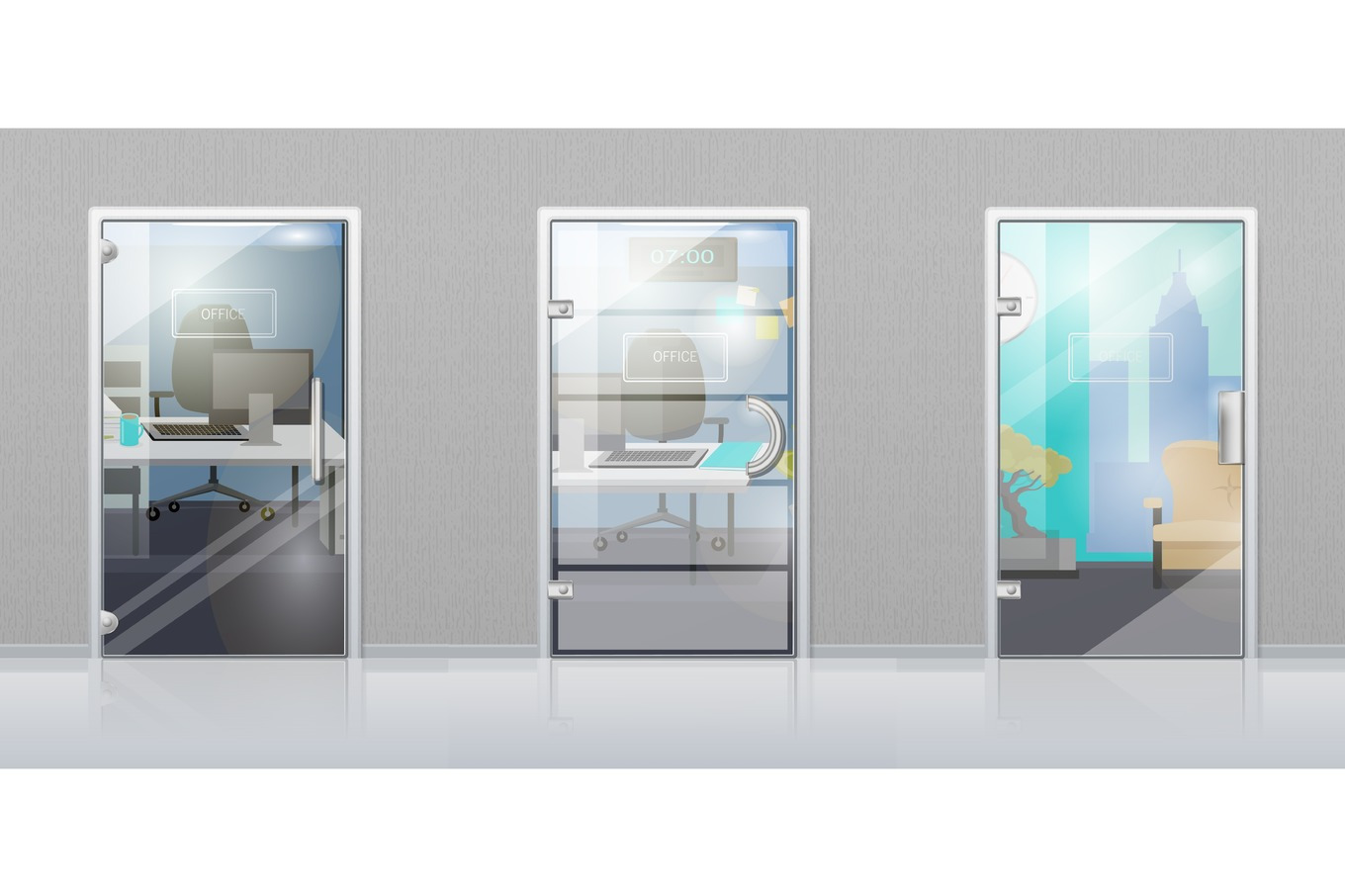 Office Interior Through Glass Door Flat Vector, a Person Illustration ...