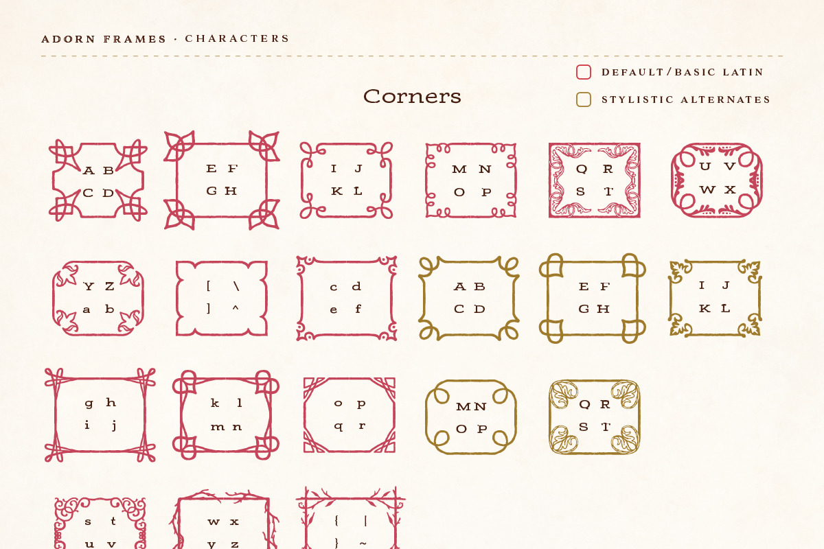 Adorn Frames, a Symbol Font by Laura Worthington