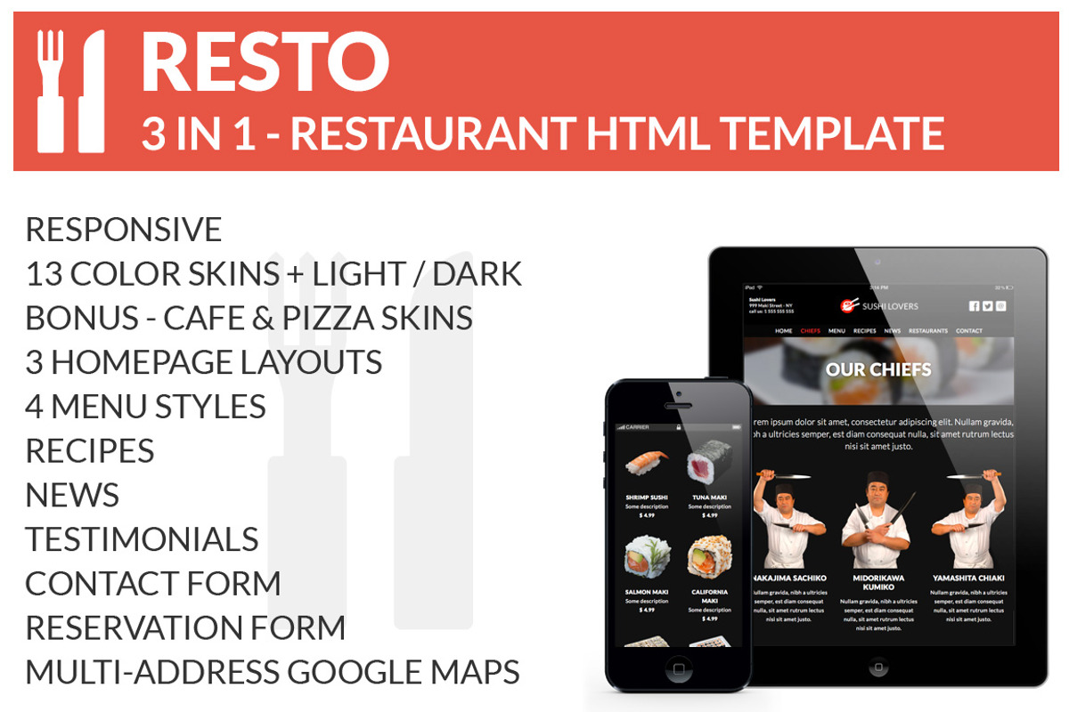 RESTO : 3 Restaurant HTML Templates, a Websites & App Template by OCHOLABS