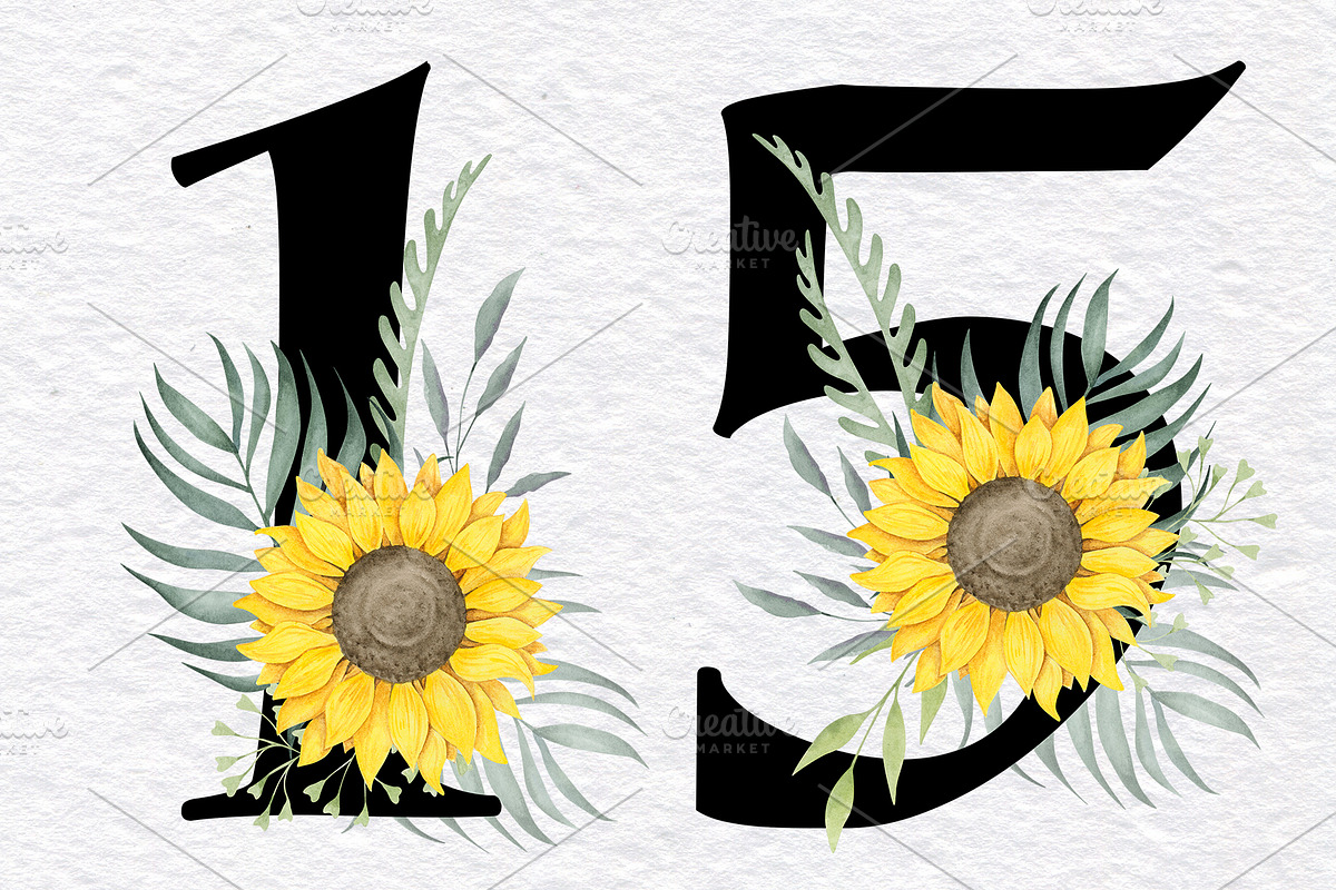 Watercolor floral number clipart set | Creative Market