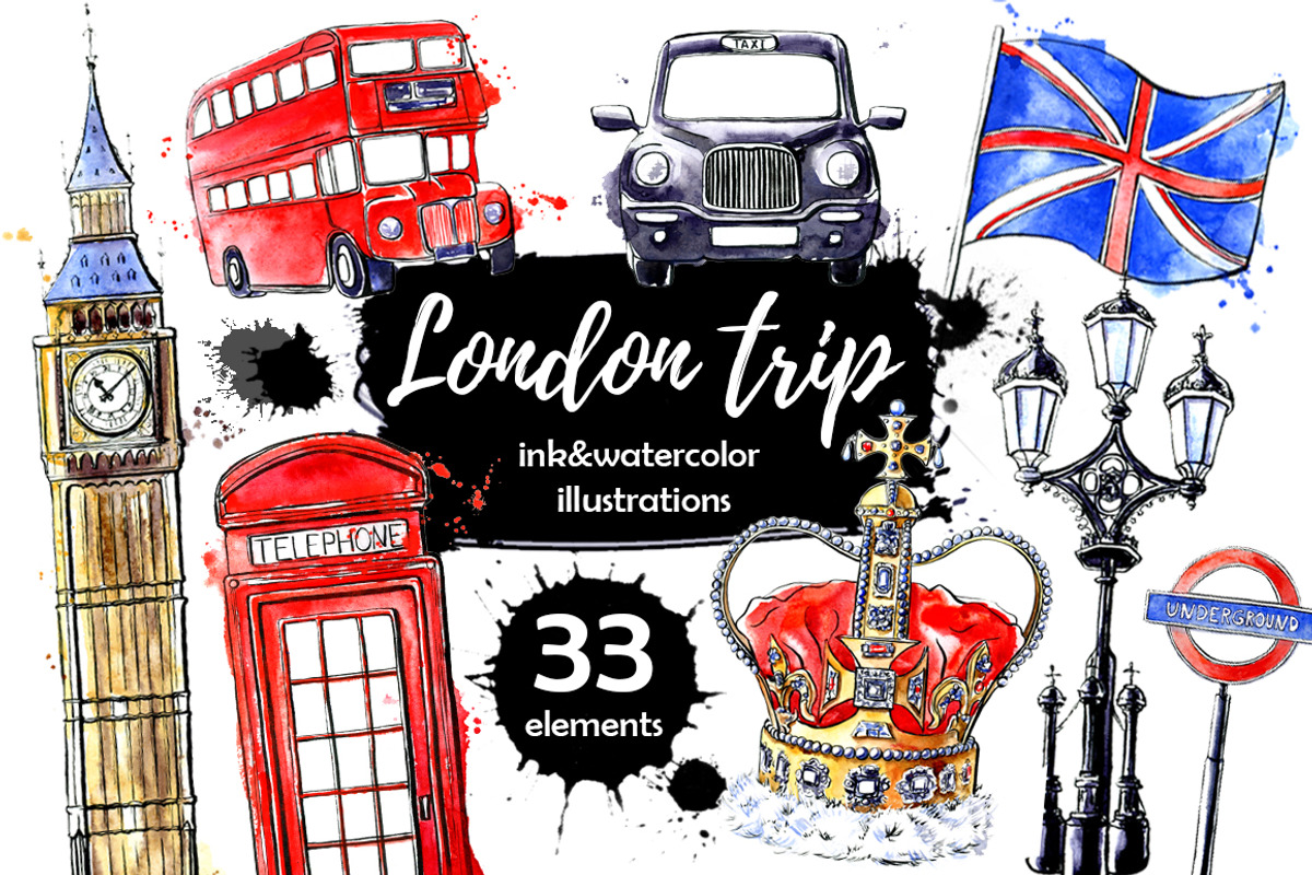 London trip Watercolor clip art set, an Illustration by Nataliartty