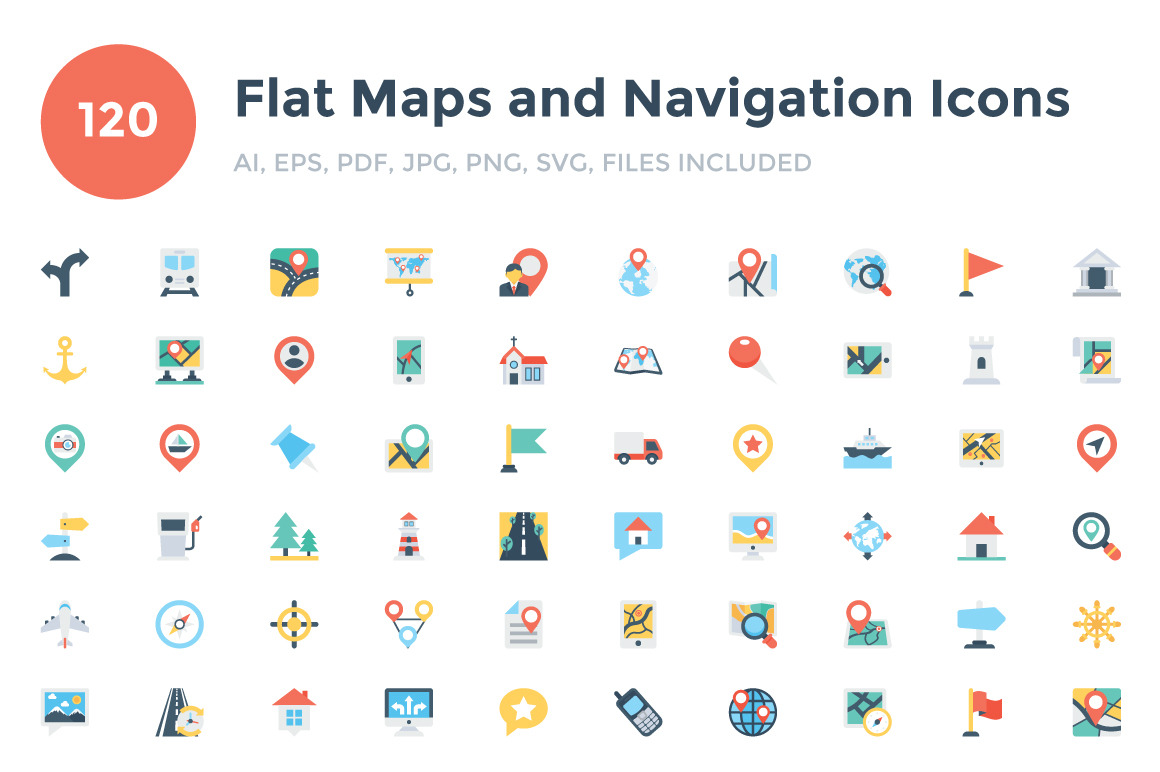 120 Flat Maps and Navigation Icons, an Icon by Vectors Market ...