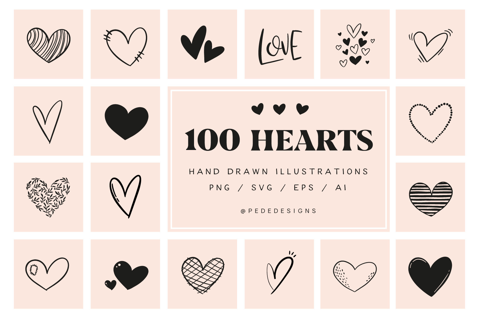 100 Hand Drawn Heart Elements, an Illustration by PeDe Designs