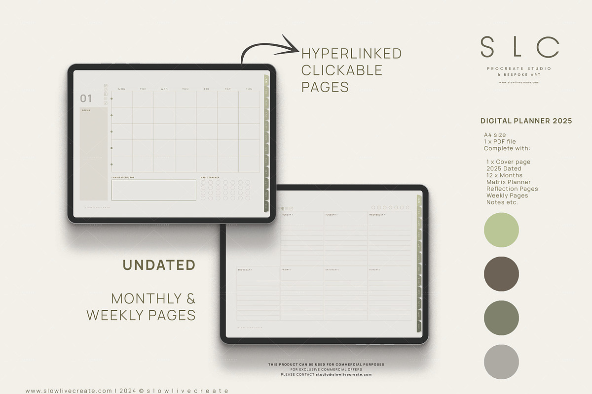 Undated Digital Planner Printable, a Stationery Template by slowlivecreate