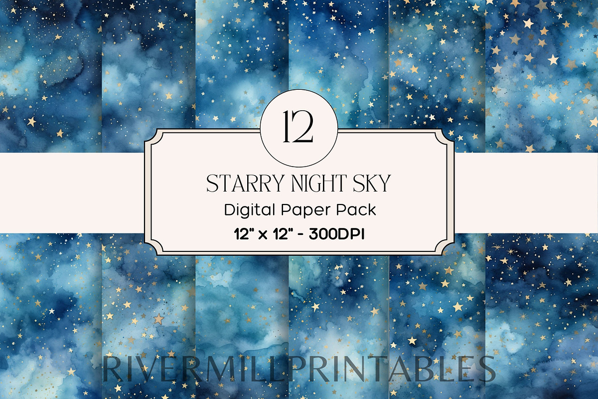 Starry Night Sky Digital Paper Pack, a Decorative Illustration by Rivermill Printables ...