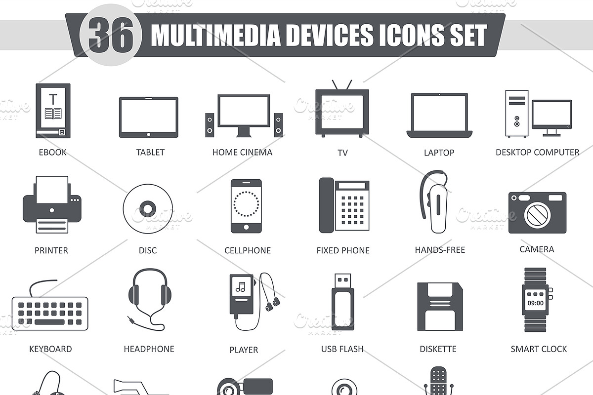 36 Multimedia Devices black icons, an Icon by Lemberg Vector