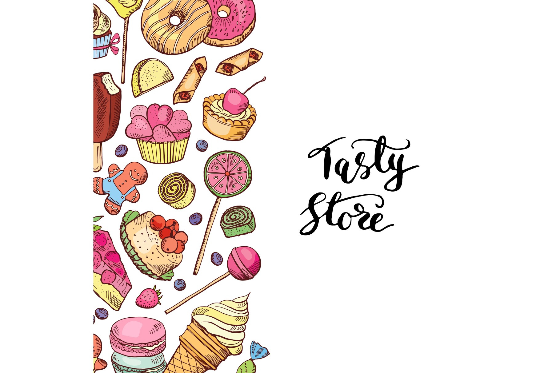 Vector hand drawn colored sweets shop or confectionary, a Background ...