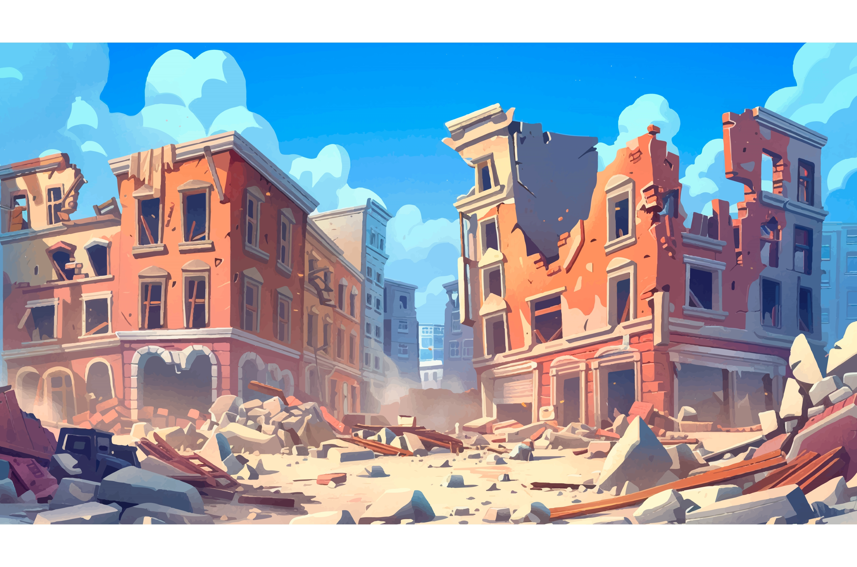War-Torn City Destroyed Buildings, an Object Illustration by LadadikArt