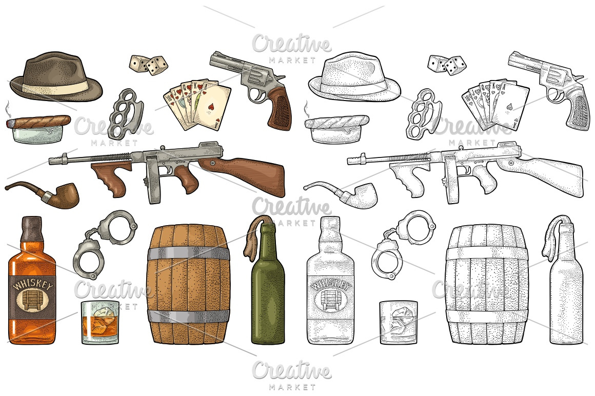 Gangster mafia set. Engraving vintage vector black illustration., an ...