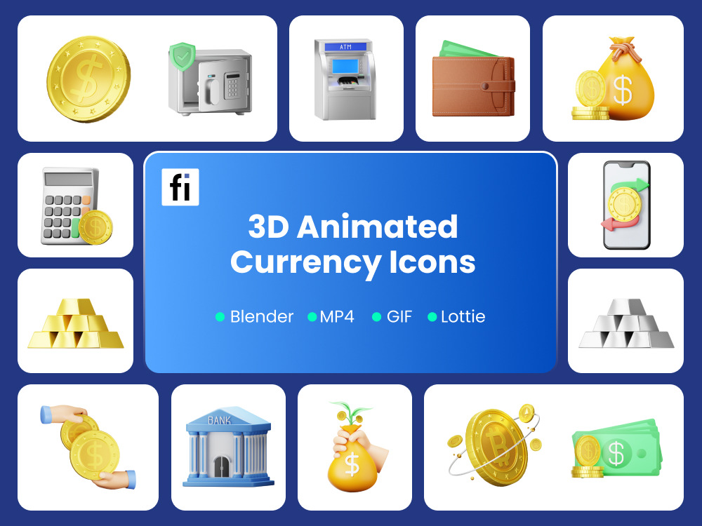 30 3D animated currency note icons.