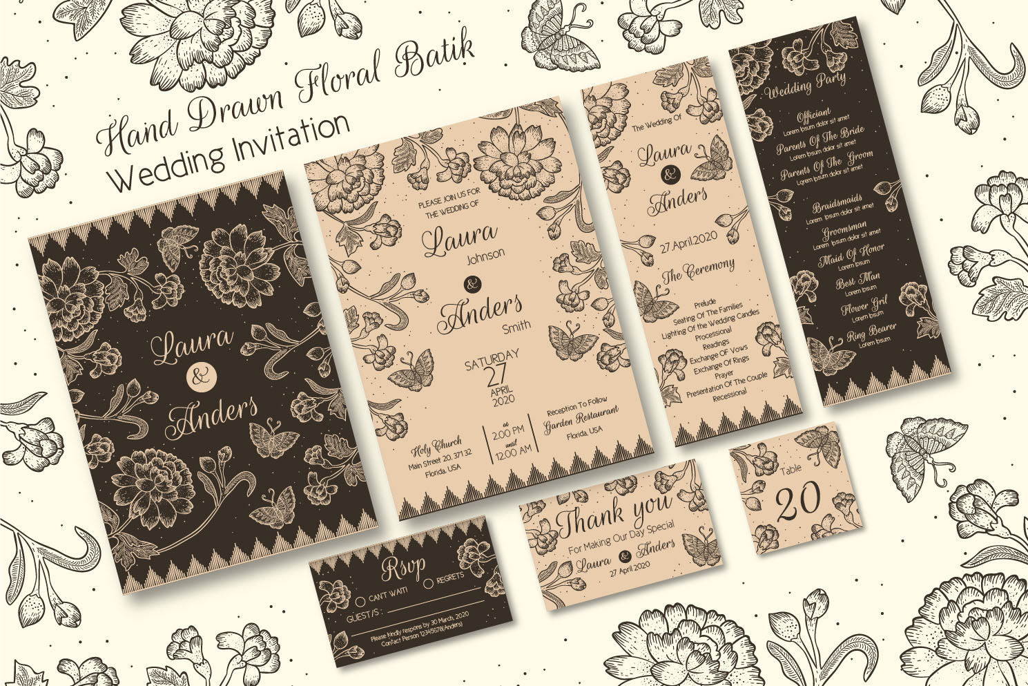 Hand Drawn Floral Batik Wedding Inv., an Invitation Template by Lyllopop