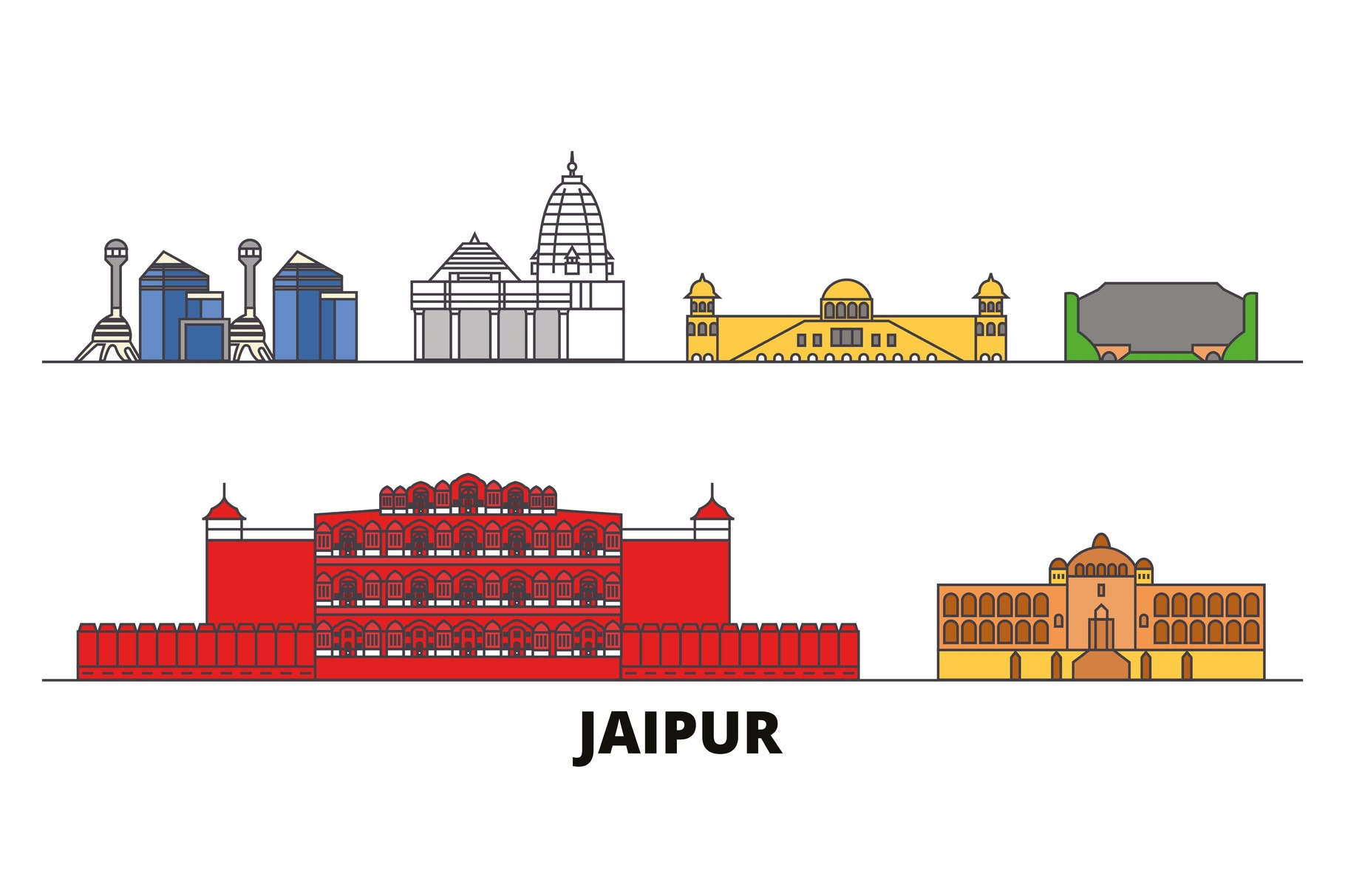 India, Jaipur flat landmarks vector, a Work Illustration by urban icon