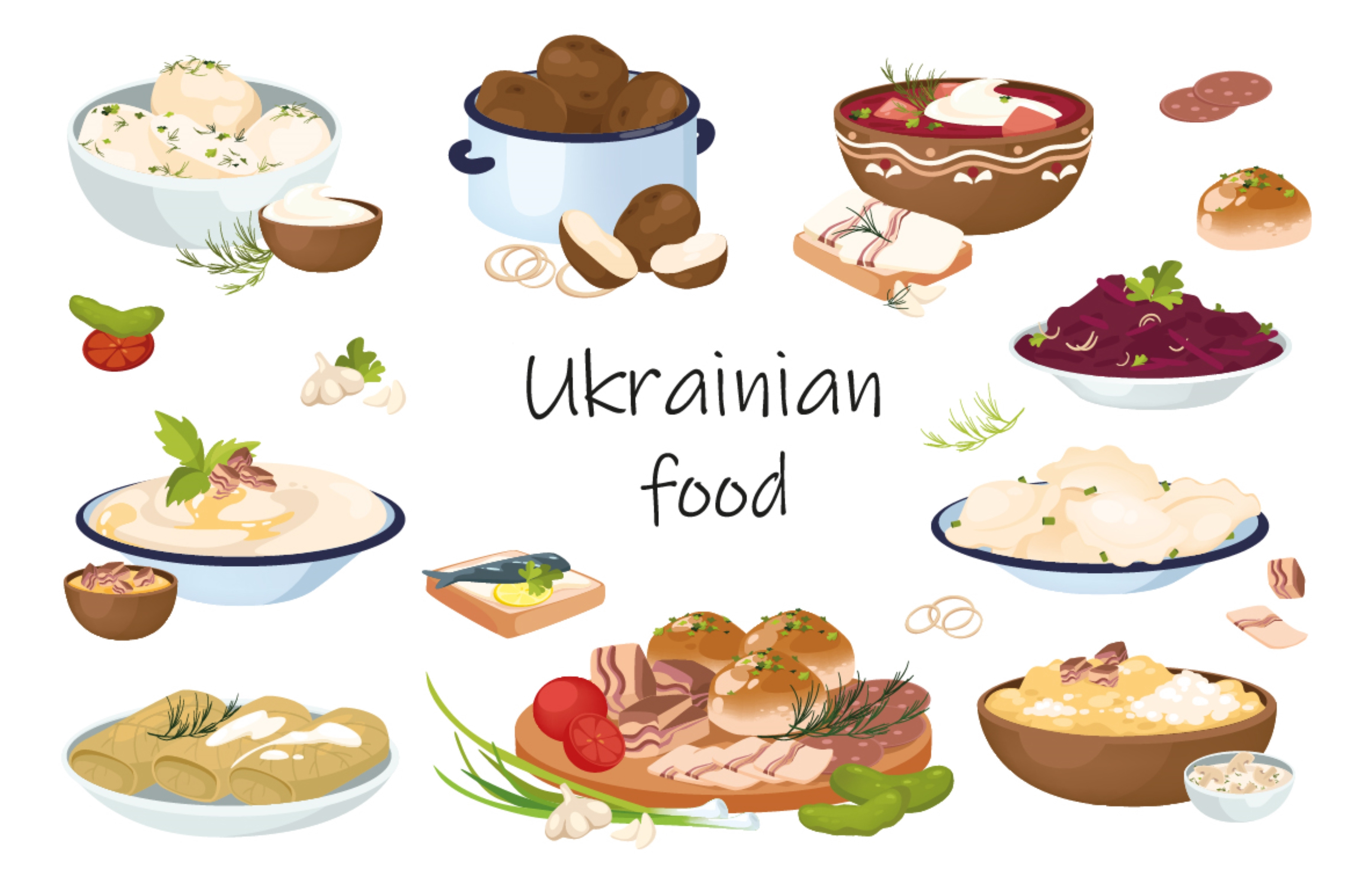 Ukrainian food elements isolated set, a Food Illustration by Dessign Sells