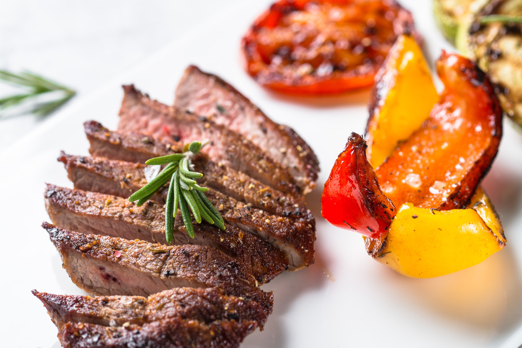 Beef steak and grilled vegetables top view featuring barbeque, bbq, and ...