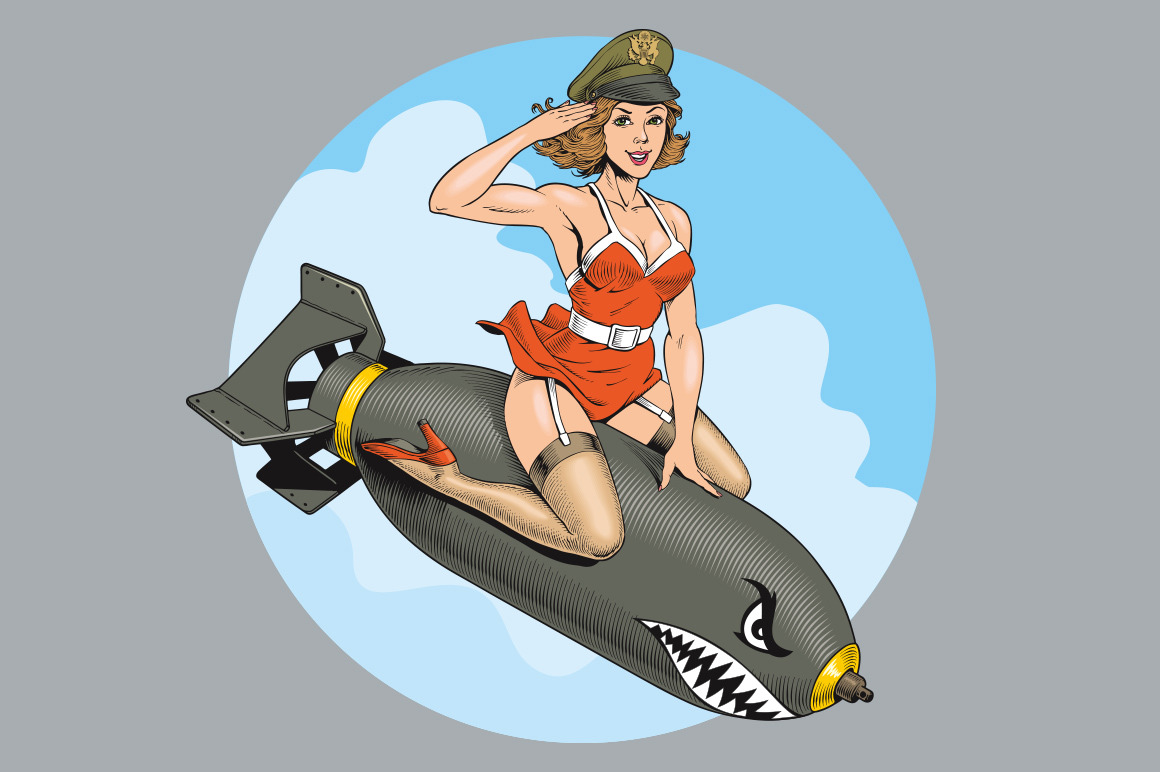 Pinup woman riding a bomb, an Illustration by Ledokolua