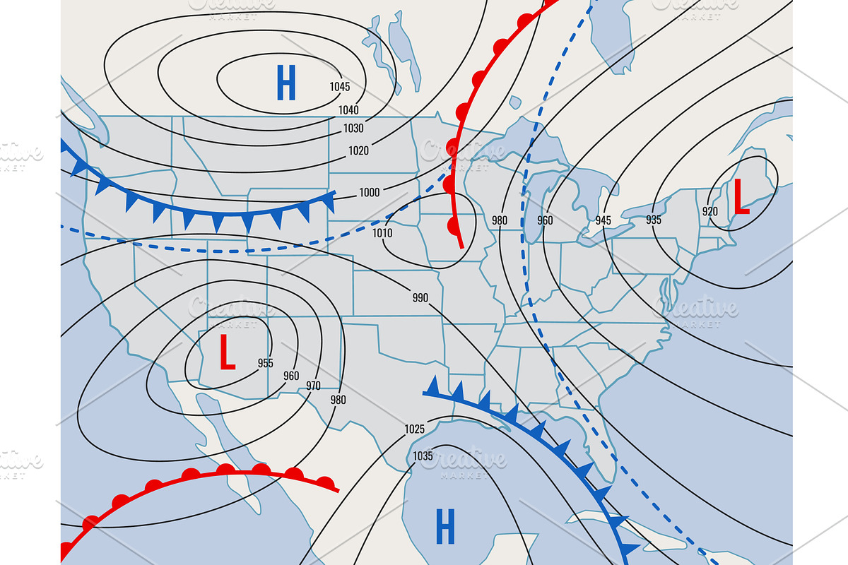 Forecast weather isobar map, USA, an Illustration by Vector Tradition ...