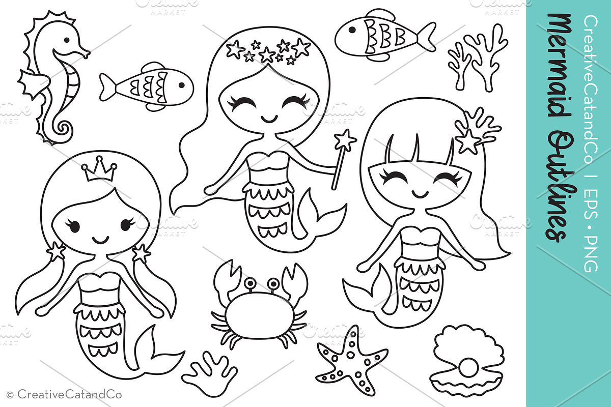 Mermaid Outline Vector EPS and PNG, an Animal Illustration by ...