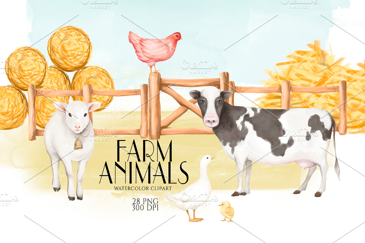 Watercolor Cute Farm Animals Clipart, an Animal Illustration by ...