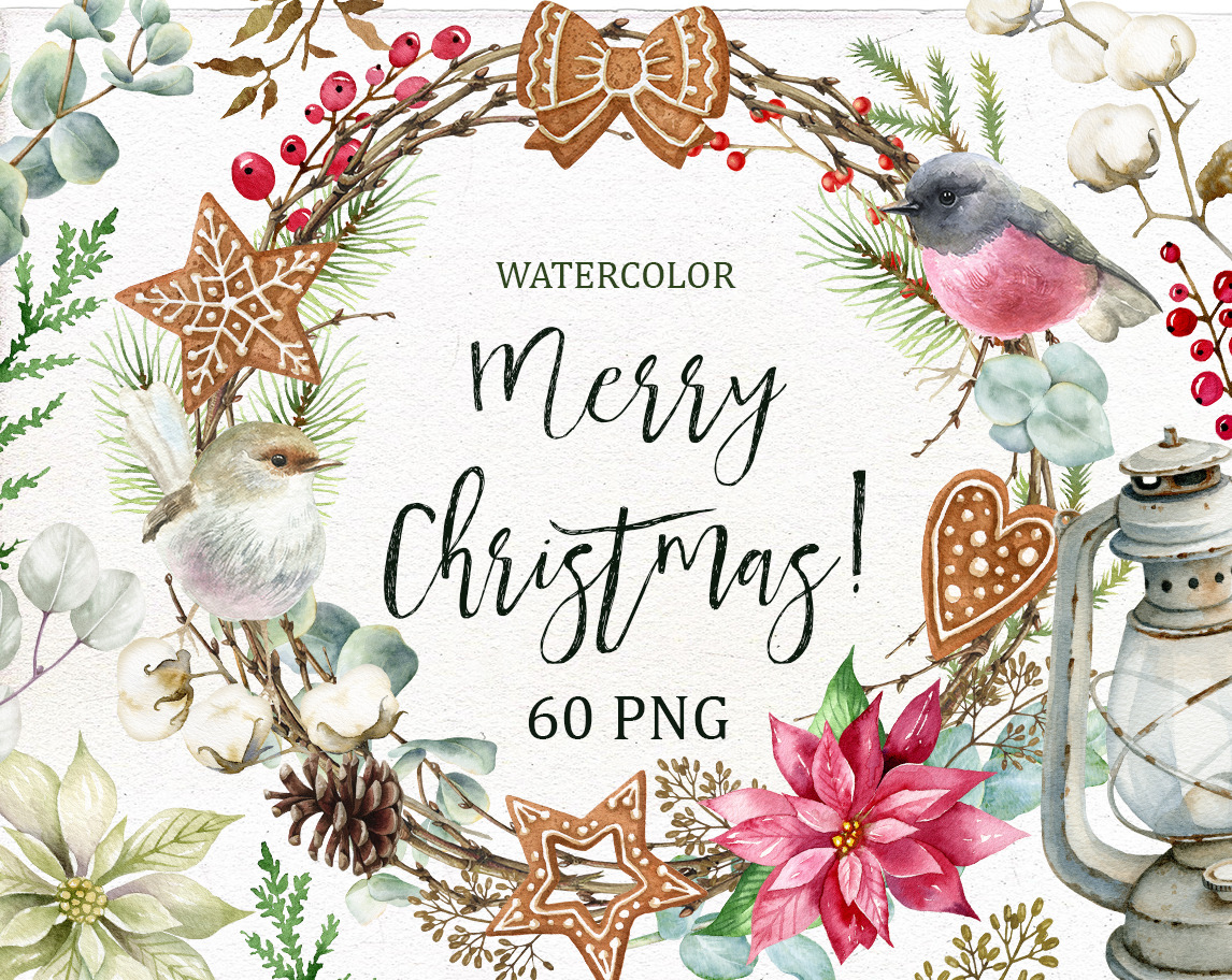 Watercolor Merry Christmas Clipart., a Decorative Illustration by Mary