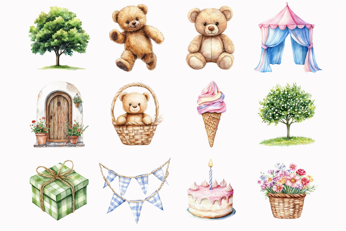 Watercolor Teddy Bear Clipart, a Seasonal Illustration by DesignGet