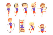 Cute happy boys doing sports set. Activity kids playing colorful ...