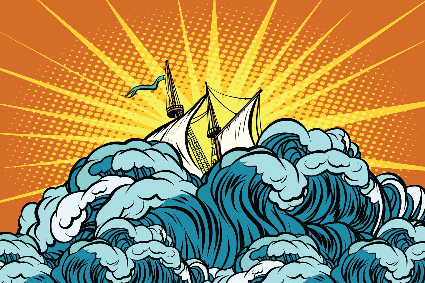 Retro sailing ship sinks in stormy waves | Work Illustrations ...