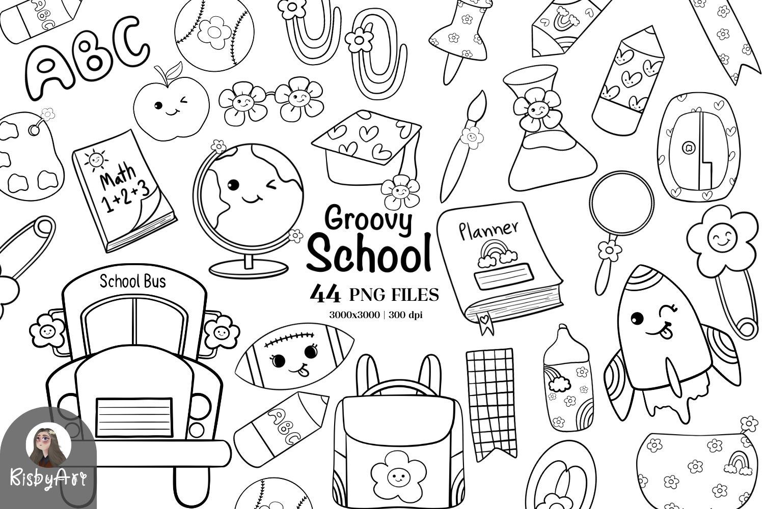 Groovy School PNG Outline Clipart, an Education Illustration by KisbyArt
