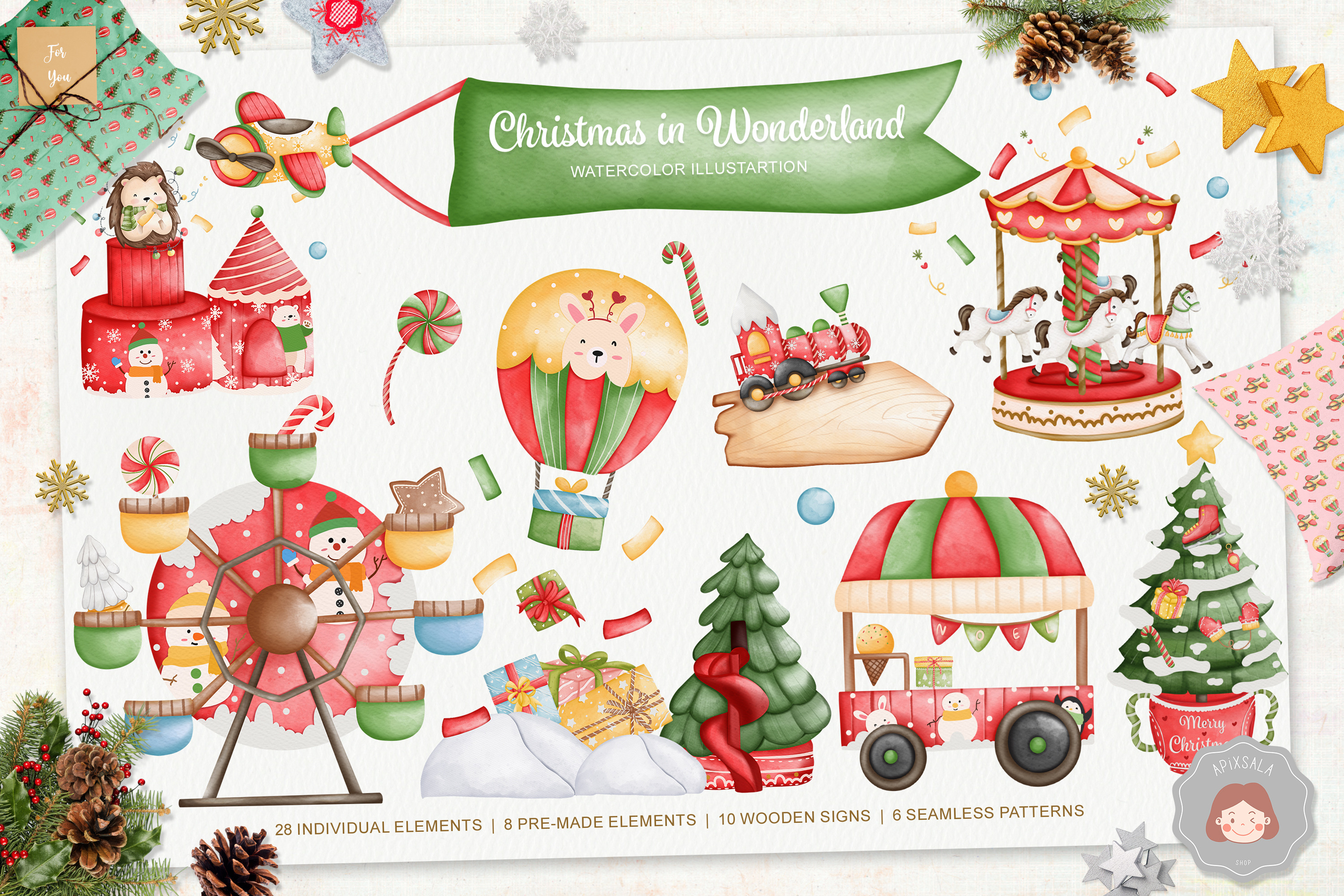 Watercolor Christmas Wonderland Set, an Animal Illustration by Apixsala