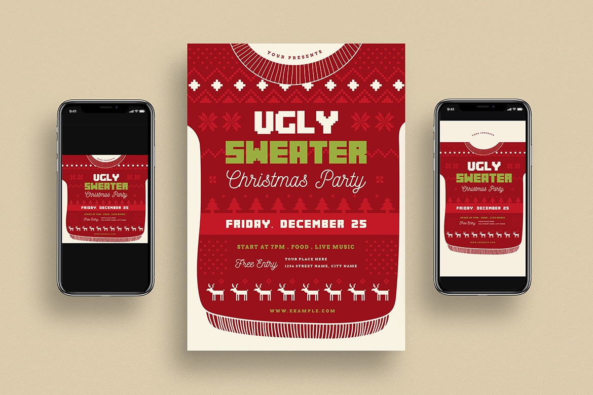 Ugly Sweater Christmas Flyer Set, a Flyer Template by VectorVactory