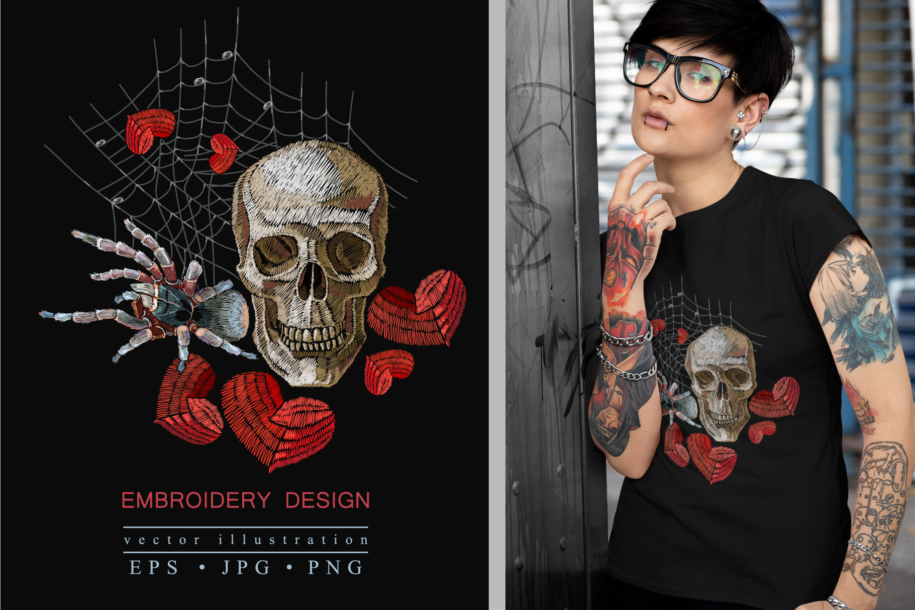 Embroidery gothic skull and heart, an Illustration by Matrioshka