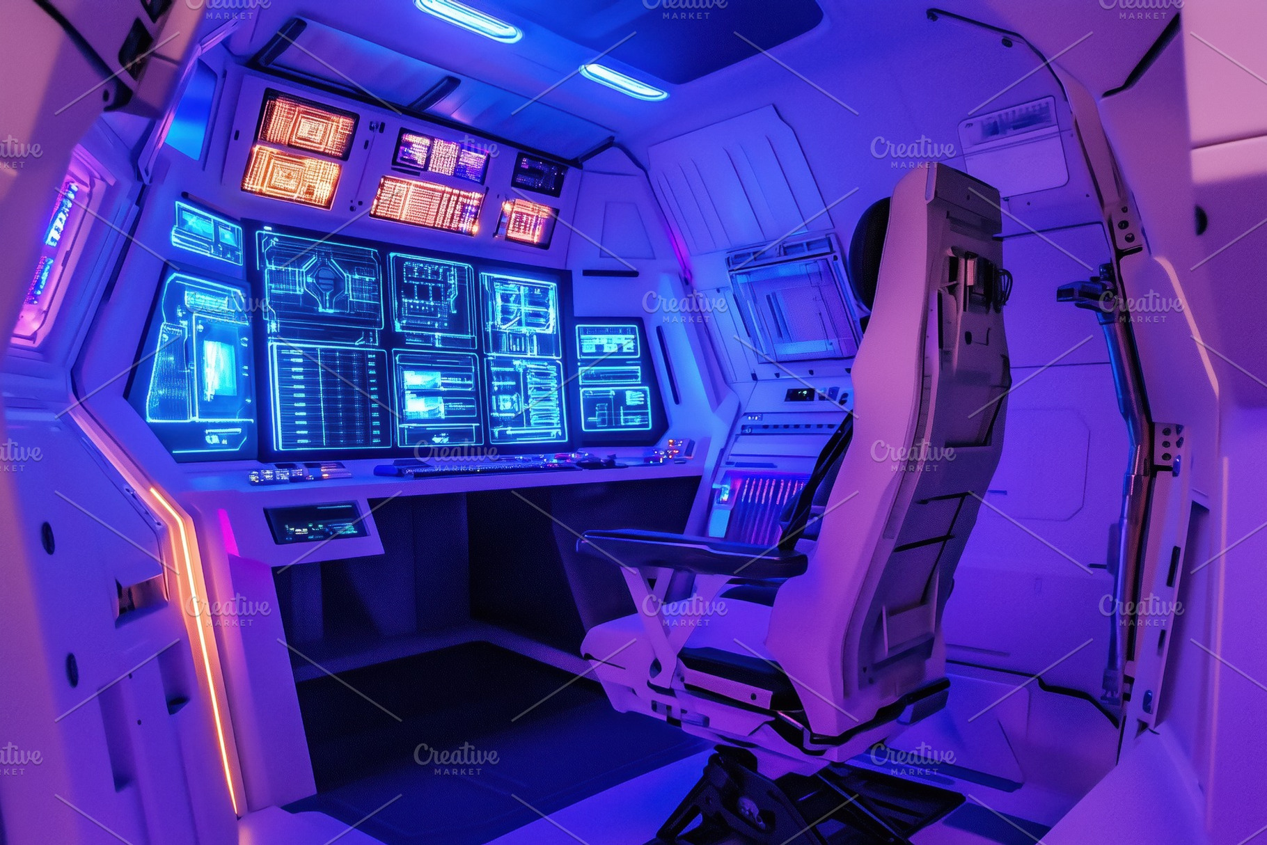 Sci-Fi futuristic interior design style control room with glowing ...