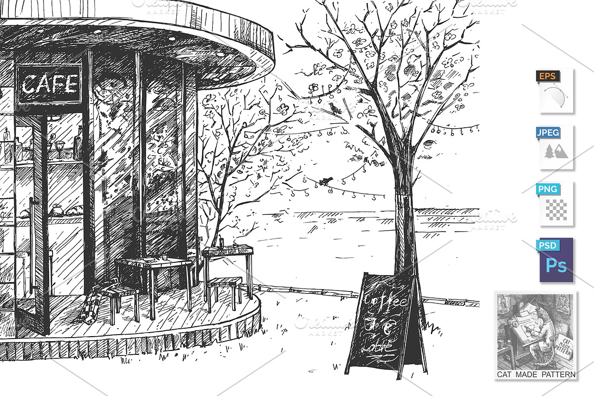 Modern cool outdoor cafe space., a Food Illustration by CatMadePattern